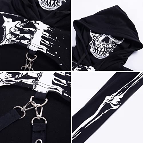 Womens Gothic Punk Long Sleeve Hooded Crop Tops Halloween Rave Skeleton Mask Hoodie Sweatshirt