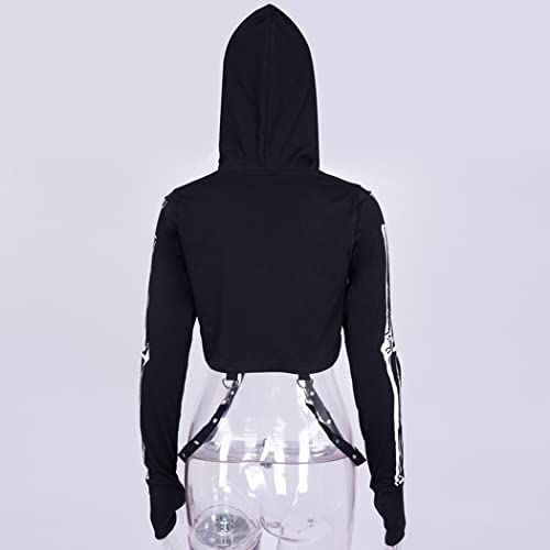 Womens Gothic Punk Long Sleeve Hooded Crop Tops Halloween Rave Skeleton Mask Hoodie Sweatshirt