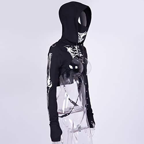 Womens Gothic Punk Long Sleeve Hooded Crop Tops Halloween Rave Skeleton Mask Hoodie Sweatshirt