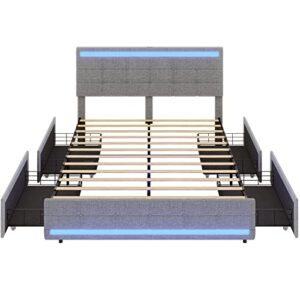 ADORNEVE Queen Bed Frame with LED Lights Headboard Footboard, Platform Bed Frame with 4 Drawers and 2 USB Charging Station, LED Bed Frame with Storage, No Box Spring Needed, Light Grey