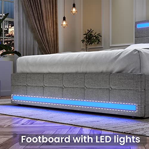 ADORNEVE Queen Bed Frame with LED Lights Headboard Footboard, Platform Bed Frame with 4 Drawers and 2 USB Charging Station, LED Bed Frame with Storage, No Box Spring Needed, Light Grey