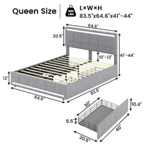 ADORNEVE Queen Bed Frame with LED Lights Headboard Footboard, Platform Bed Frame with 4 Drawers and 2 USB Charging Station, LED Bed Frame with Storage, No Box Spring Needed, Light Grey