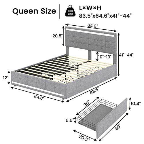 ADORNEVE Queen Bed Frame with LED Lights Headboard Footboard, Platform Bed Frame with 4 Drawers and 2 USB Charging Station, LED Bed Frame with Storage, No Box Spring Needed, Light Grey