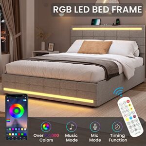 ADORNEVE Queen Bed Frame with LED Lights Headboard Footboard, Platform Bed Frame with 4 Drawers and 2 USB Charging Station, LED Bed Frame with Storage, No Box Spring Needed, Light Grey