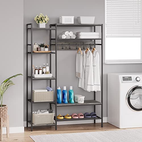 Alkmaar 71in Industrial Large Hall Tree, Freestanding Closet Organizer, Clothes Rack Hall Tree with Storage Bench, Heavy Duty Garment Rack Hanging Clothing Wardrobe Storage Closet for Bedroom