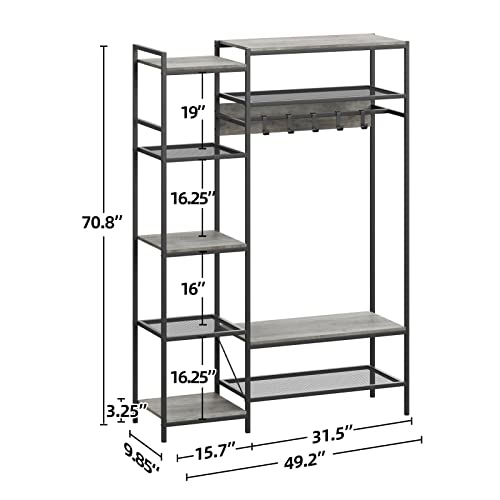 Alkmaar 71in Industrial Large Hall Tree, Freestanding Closet Organizer, Clothes Rack Hall Tree with Storage Bench, Heavy Duty Garment Rack Hanging Clothing Wardrobe Storage Closet for Bedroom