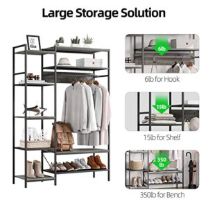 Alkmaar 71in Industrial Large Hall Tree, Freestanding Closet Organizer, Clothes Rack Hall Tree with Storage Bench, Heavy Duty Garment Rack Hanging Clothing Wardrobe Storage Closet for Bedroom