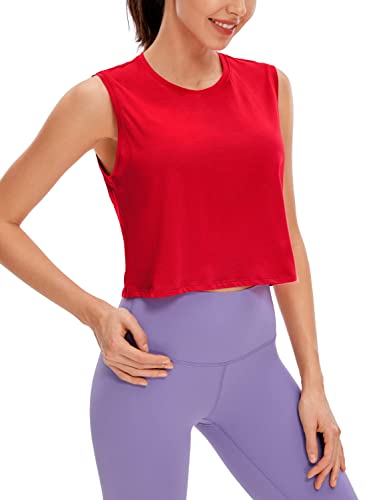 CRZ YOGA Pima Cotton Cropped Tank Tops for Women Workout Crop Top Sleeveless Athletic Shirts Loose Yoga Tops Festival Red Small