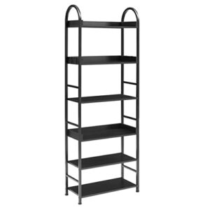 6-Tier Bookcase Freestanding Bookshelf with MDF Board & Round Top Frame, Narrow Rectangular Storage Shelves with Adjustable Foot Pads for Living Room, & Small Spaces (Black)