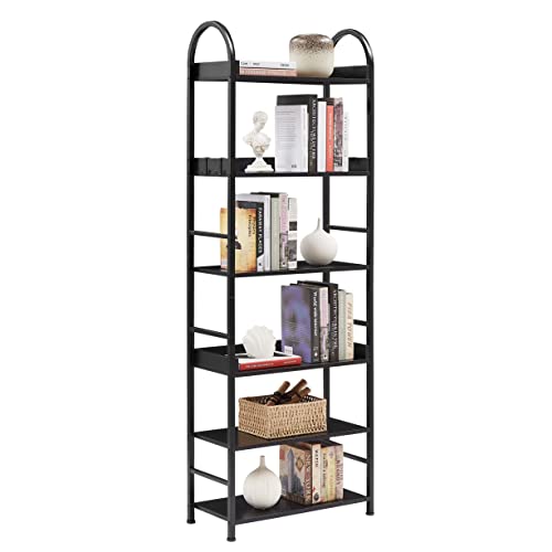 6-Tier Bookcase Freestanding Bookshelf with MDF Board & Round Top Frame, Narrow Rectangular Storage Shelves with Adjustable Foot Pads for Living Room, & Small Spaces (Black)