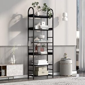 6-Tier Bookcase Freestanding Bookshelf with MDF Board & Round Top Frame, Narrow Rectangular Storage Shelves with Adjustable Foot Pads for Living Room, & Small Spaces (Black)