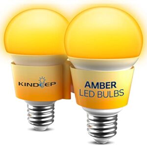 kindeep a19 sleep light bulbs dimmable, blue light blocking amber yellow light bulbs, 9w equivalent 60w, soft warm 2000k porch night light bulbs, e26 dim light bulbs for healthy sleep, bedroom, 2-pack