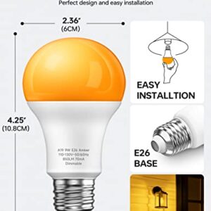 KINDEEP A19 Sleep Light Bulbs Dimmable, Blue Light Blocking Amber Yellow Light Bulbs, 9W Equivalent 60W, Soft Warm 2000K Porch Night Light Bulbs, E26 Dim Light Bulbs for Healthy Sleep, Bedroom, 2-Pack