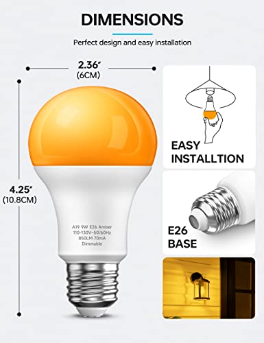 KINDEEP A19 Sleep Light Bulbs Dimmable, Blue Light Blocking Amber Yellow Light Bulbs, 9W Equivalent 60W, Soft Warm 2000K Porch Night Light Bulbs, E26 Dim Light Bulbs for Healthy Sleep, Bedroom, 2-Pack