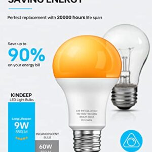 KINDEEP A19 Sleep Light Bulbs Dimmable, Blue Light Blocking Amber Yellow Light Bulbs, 9W Equivalent 60W, Soft Warm 2000K Porch Night Light Bulbs, E26 Dim Light Bulbs for Healthy Sleep, Bedroom, 2-Pack