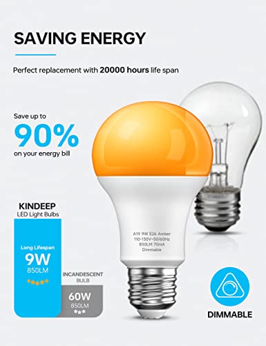 KINDEEP A19 Sleep Light Bulbs Dimmable, Blue Light Blocking Amber Yellow Light Bulbs, 9W Equivalent 60W, Soft Warm 2000K Porch Night Light Bulbs, E26 Dim Light Bulbs for Healthy Sleep, Bedroom, 2-Pack