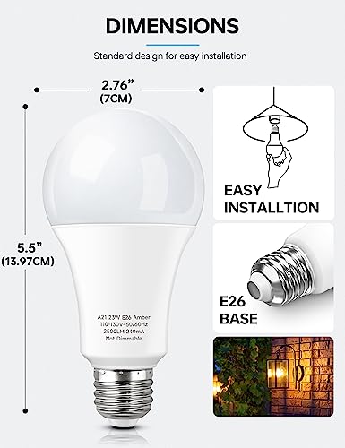 KINDEEP Yellow LED Bug Light Bulbs Outdoor 23W, A21 Amber Light Bulb 150W-200W Equivalent, 2000K Outdoor Light Bulbs for Porch, Patio, Deck, Backyard, E26 Base, Non-Dim, 2 Pack