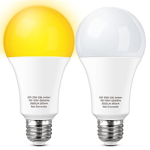 KINDEEP Yellow LED Bug Light Bulbs Outdoor 23W, A21 Amber Light Bulb 150W-200W Equivalent, 2000K Outdoor Light Bulbs for Porch, Patio, Deck, Backyard, E26 Base, Non-Dim, 2 Pack