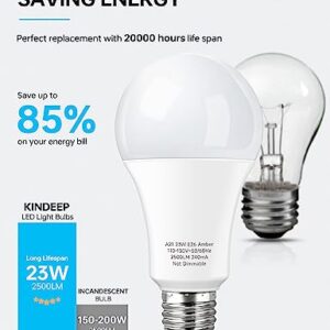 KINDEEP Yellow LED Bug Light Bulbs Outdoor 23W, A21 Amber Light Bulb 150W-200W Equivalent, 2000K Outdoor Light Bulbs for Porch, Patio, Deck, Backyard, E26 Base, Non-Dim, 2 Pack