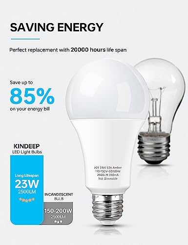 KINDEEP Yellow LED Bug Light Bulbs Outdoor 23W, A21 Amber Light Bulb 150W-200W Equivalent, 2000K Outdoor Light Bulbs for Porch, Patio, Deck, Backyard, E26 Base, Non-Dim, 2 Pack