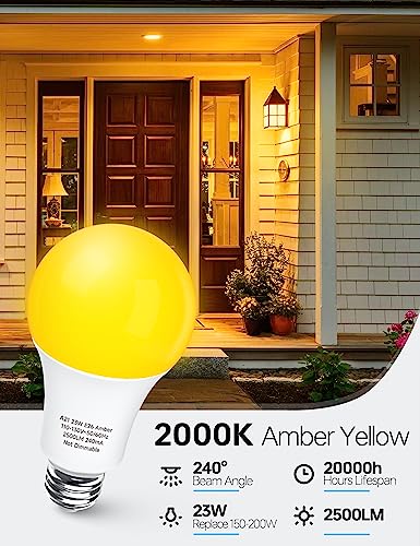 KINDEEP Yellow LED Bug Light Bulbs Outdoor 23W, A21 Amber Light Bulb 150W-200W Equivalent, 2000K Outdoor Light Bulbs for Porch, Patio, Deck, Backyard, E26 Base, Non-Dim, 2 Pack