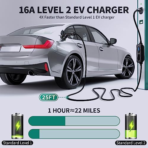 YITAHOME Level 1 & Level 2 EV Charger, 16 Amp 240V 25ft Cable, Portable J1772 Electric Car Charger Adjustable Current Timing Delay Electric Vehicle Charging Stations, NEMA 6-20 & NEMA 5-15 Plug