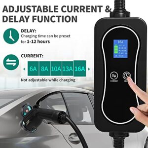 YITAHOME Level 1 & Level 2 EV Charger, 16 Amp 240V 25ft Cable, Portable J1772 Electric Car Charger Adjustable Current Timing Delay Electric Vehicle Charging Stations, NEMA 6-20 & NEMA 5-15 Plug