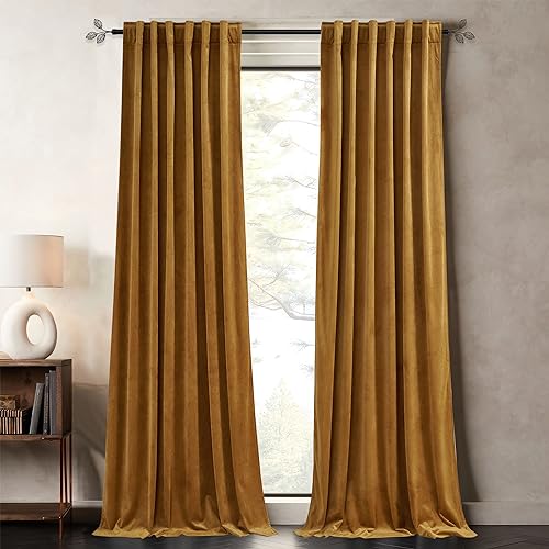 PONY DANCE Golden Brown Velvet Curtains of 96 inches Length,Super Soft Room Darkening Curtains for Living Room/Bedroom,Theatre Decoration, W52 x L96, Set of 2