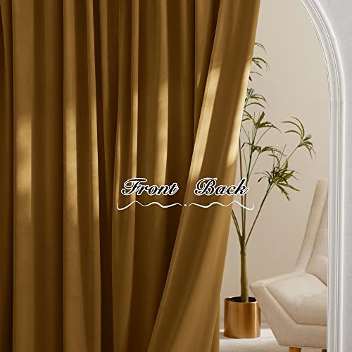 PONY DANCE Golden Brown Velvet Curtains of 96 inches Length,Super Soft Room Darkening Curtains for Living Room/Bedroom,Theatre Decoration, W52 x L96, Set of 2