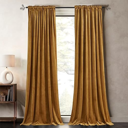 PONY DANCE Golden Brown Velvet Curtains of 96 inches Length,Super Soft Room Darkening Curtains for Living Room/Bedroom,Theatre Decoration, W52 x L96, Set of 2