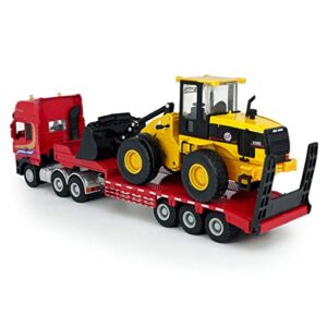 Flatbed Truck Toy with Excavator Loader Tractor Bulldozer Semi Tow Truck Transport Trailer Metal Diecast Construction Vehicles 2 in 1 Vehicle Playset Friction Powered Toy Trucks for Boys Kids Gift red