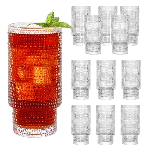 QAPPDA Vintage Tall Drinking Glasses Set of 12,10oz Hobnail Highball Glasses,Romantic Embossed Cocktail Glasses Glass Coffee Glassware Set for Water,Juice,Soda