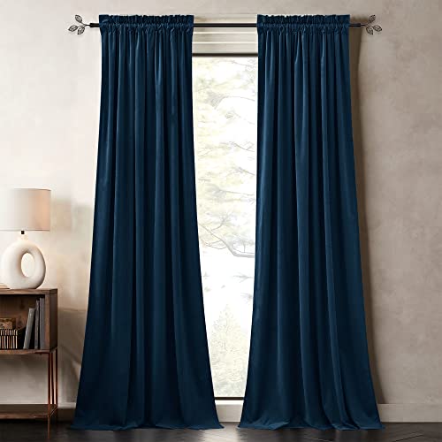 PONY DANCE Blue Blackout Velvet Curtains 84 inches - Rod Pocket Velvet Window Drapes Treatment for Bedroom,Extra Wide Super Soft Theater Velvet Curtains,Set of 2 Panels,Prussian Blue