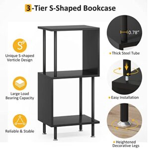 Book Shelf Bookcase, Modern Small Bookshelf for Small Spaces: S-Shaped Wooden Bookshelf Corner Bookshelf for Living Room Bedroom Home Office, Black Bookshelves and Bookcases Storage Organizer, 3-Tier