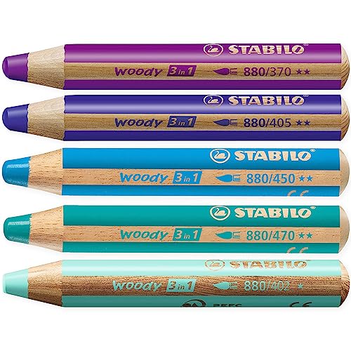 STABILO Multi-talented Pencil woody 3-in-1 - Blue Tones Box of 5 - Violet, Ultramarine, Blue, Cyan Blue & Turquoise + Sharpener