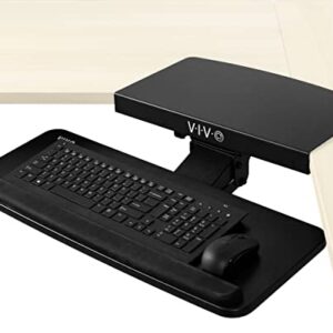 VIVO Adjustable Computer Keyboard and Mouse Platform Tray with Corner Connector, Ergonomic Under Table Desk Mount Drawer for L-Shaped Workstations, Underdesk Shelf, Black, MOUNT-KB03B-C