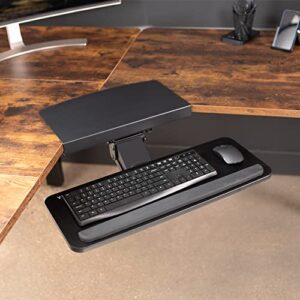 VIVO Adjustable Computer Keyboard and Mouse Platform Tray with Corner Connector, Ergonomic Under Table Desk Mount Drawer for L-Shaped Workstations, Underdesk Shelf, Black, MOUNT-KB03B-C