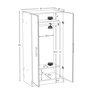 Prepac Elite Functional Wardrobe Closet Cabinet with Hanging Rail, Simplistic 2-Door Armoire Portable Closet 20" D x 32" W x 65" H, Drifted Gray, DEW-3264