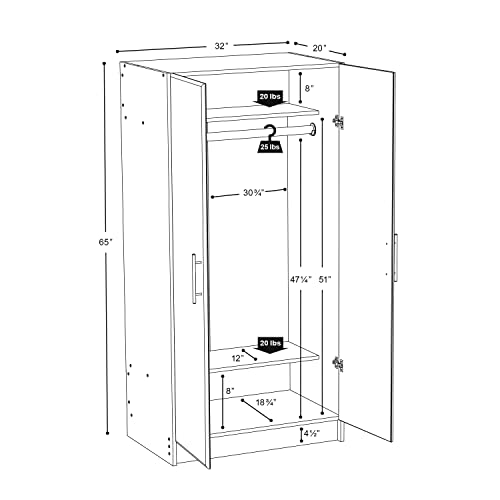 Prepac Elite Functional Wardrobe Closet Cabinet with Hanging Rail, Simplistic 2-Door Armoire Portable Closet 20" D x 32" W x 65" H, Drifted Gray, DEW-3264