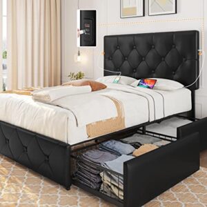 yaheetech full size upholstered bed frame with 2 usb charging stations/ports for type a & type c/4 storage drawers/adjustable headboard, faux leather platform bed with strong wooden slats, black