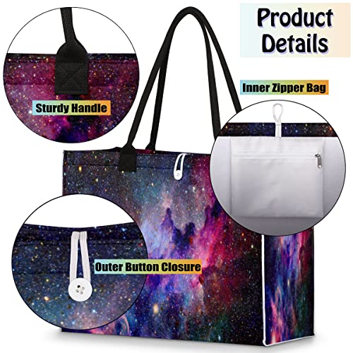 cfpolar Reusable Grocery Shopping Bag with Hard Bottom, Galaxy Star Nebula Large Foldable Multipurpose Heavy Duty Tote with Zipper Pockets, Stands Upright, Durable and Eco Friendly, Beach Bag