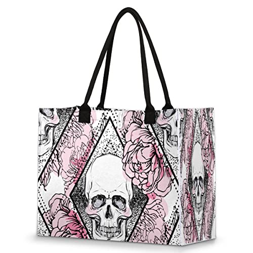 Flower Skull Reusable Grocery Shopping Bag with Hard Bottom, Gothic Skull Floral Large Foldable Multipurpose Heavy Duty Tote with Zipper Pockets, Stands Upright, Durable and Eco Friendly, Beach Bag