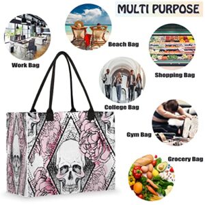 Flower Skull Reusable Grocery Shopping Bag with Hard Bottom, Gothic Skull Floral Large Foldable Multipurpose Heavy Duty Tote with Zipper Pockets, Stands Upright, Durable and Eco Friendly, Beach Bag