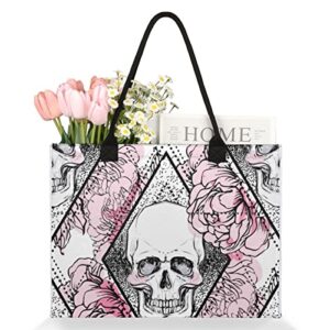 Flower Skull Reusable Grocery Shopping Bag with Hard Bottom, Gothic Skull Floral Large Foldable Multipurpose Heavy Duty Tote with Zipper Pockets, Stands Upright, Durable and Eco Friendly, Beach Bag