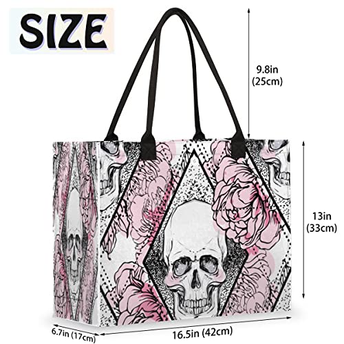 Flower Skull Reusable Grocery Shopping Bag with Hard Bottom, Gothic Skull Floral Large Foldable Multipurpose Heavy Duty Tote with Zipper Pockets, Stands Upright, Durable and Eco Friendly, Beach Bag