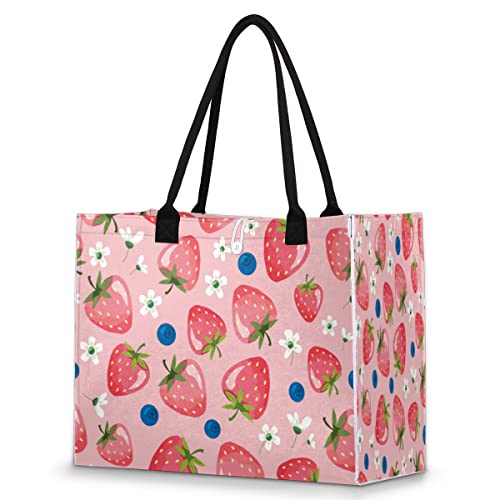 Pink Strawberry Reusable Grocery Shopping Bag with Hard Bottom, Strawberry Pattern Large Foldable Multipurpose Heavy Duty Tote with Zipper Pockets, Stands Upright, Durable and Eco Friendly, Beach Bag