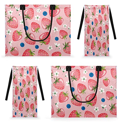 Pink Strawberry Reusable Grocery Shopping Bag with Hard Bottom, Strawberry Pattern Large Foldable Multipurpose Heavy Duty Tote with Zipper Pockets, Stands Upright, Durable and Eco Friendly, Beach Bag