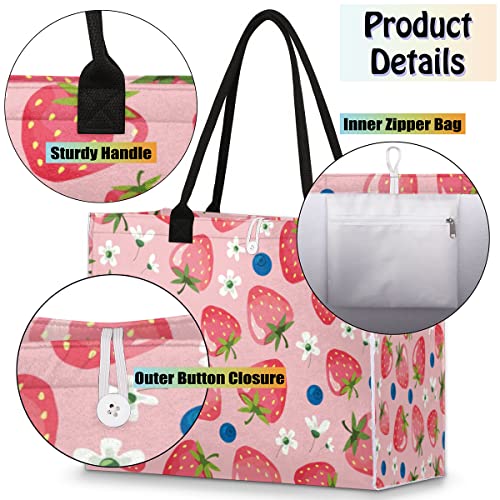 Pink Strawberry Reusable Grocery Shopping Bag with Hard Bottom, Strawberry Pattern Large Foldable Multipurpose Heavy Duty Tote with Zipper Pockets, Stands Upright, Durable and Eco Friendly, Beach Bag