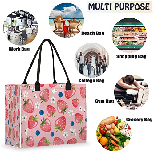 Pink Strawberry Reusable Grocery Shopping Bag with Hard Bottom, Strawberry Pattern Large Foldable Multipurpose Heavy Duty Tote with Zipper Pockets, Stands Upright, Durable and Eco Friendly, Beach Bag