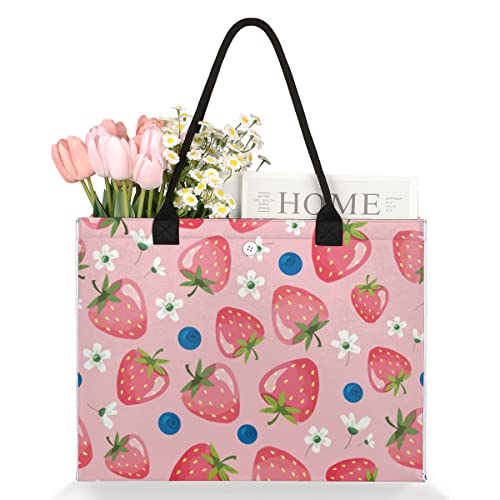 Pink Strawberry Reusable Grocery Shopping Bag with Hard Bottom, Strawberry Pattern Large Foldable Multipurpose Heavy Duty Tote with Zipper Pockets, Stands Upright, Durable and Eco Friendly, Beach Bag